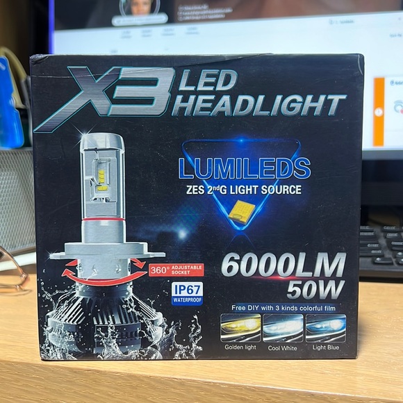 Other | Nib X3 Led Headlight 5w 6000 Lm With Diy Gold Light Blue Cool White H7 | Poshmark